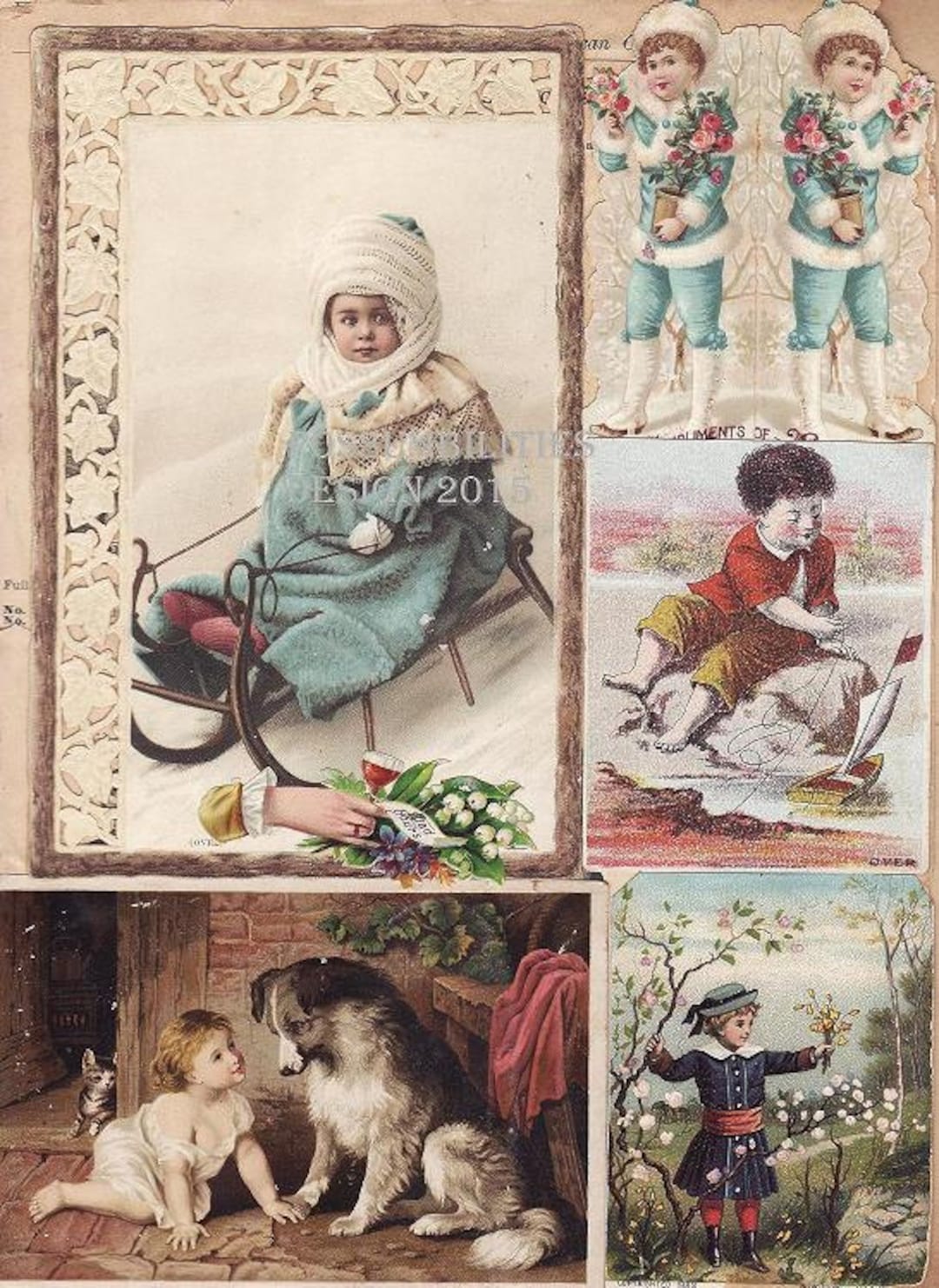 Vintage Victorian Scrapbook Page Winter Children and Dog Colorful ...