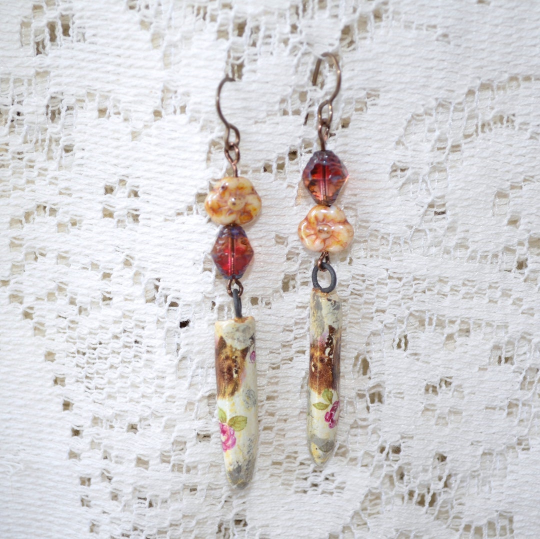 Czech Glass Ceramic Pole Yorkie Dog Asymmetrical Dangle Earrings OOAK ...