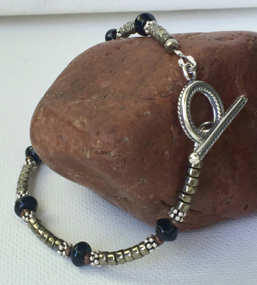 Mens Bracelet, Simple Mens Bracelet, Mens Pyrite Bracelet, Onyx ...