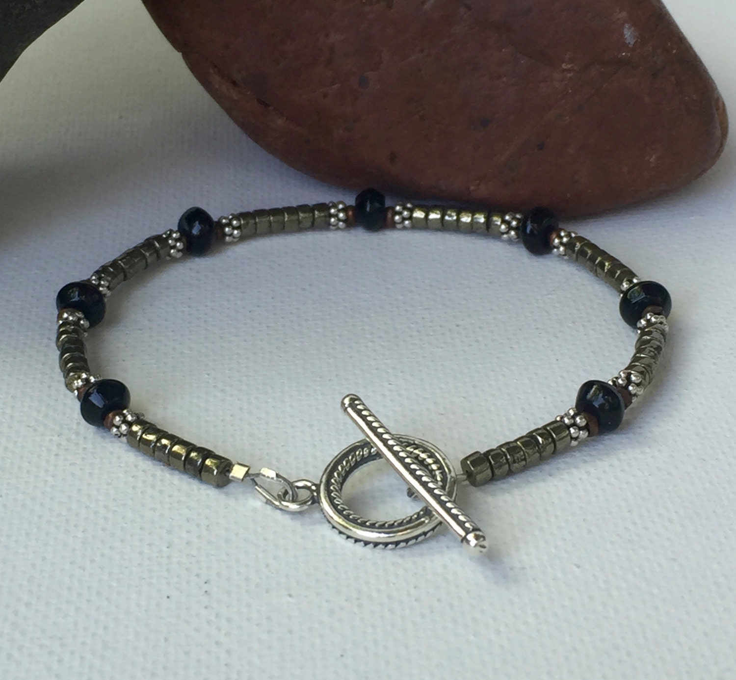 Mens Bracelet, Simple Mens Bracelet, Mens Pyrite Bracelet, Onyx ...