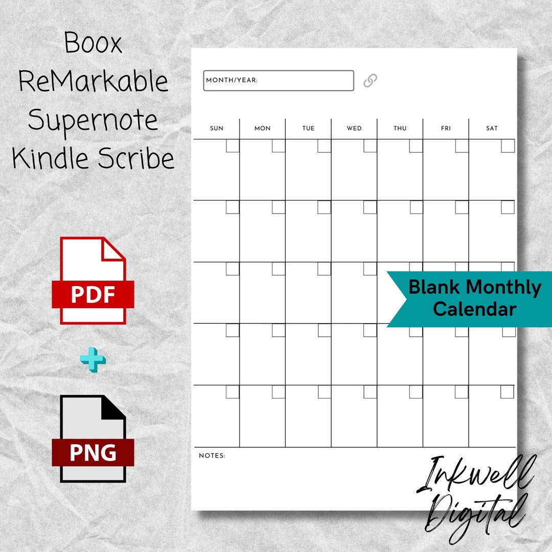 Undated Blank Monthly Calendar Template - for Supernote, Remarkable 2 ...