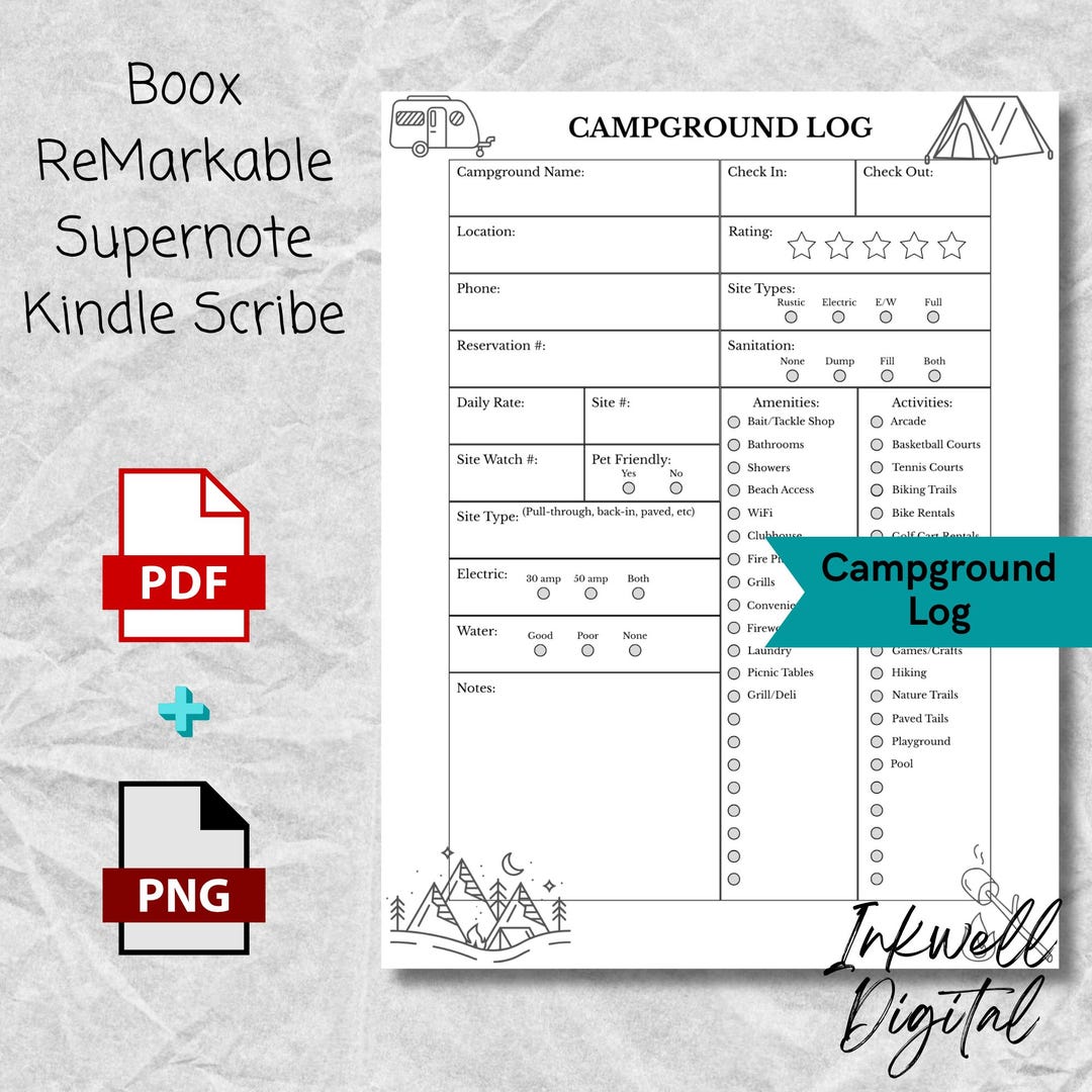 Campground Log Template for Supernote, Remarkable 2, Boox, Kindle ...