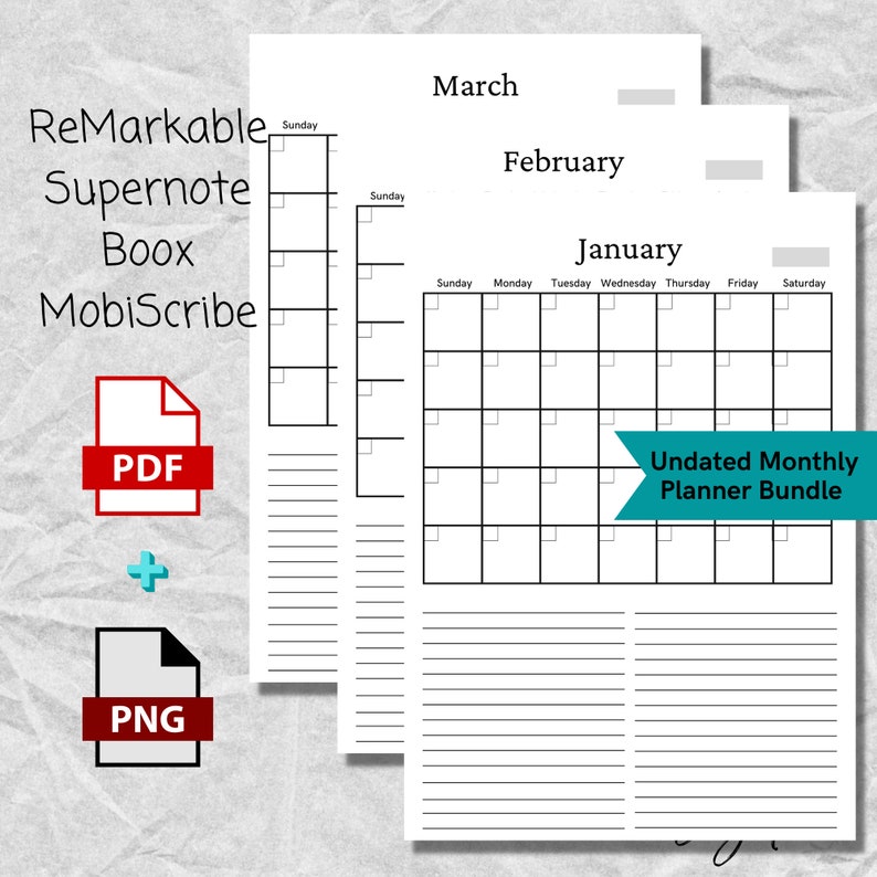 Undated Monthly Planner Bundle: Serif Font Eink Device Inserts (PDF ...