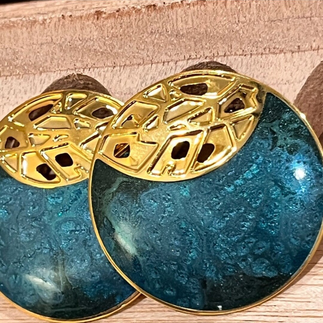 Edgar Berebi 1” Teal and Gold Round Earring Studs, Vintage Like New ...