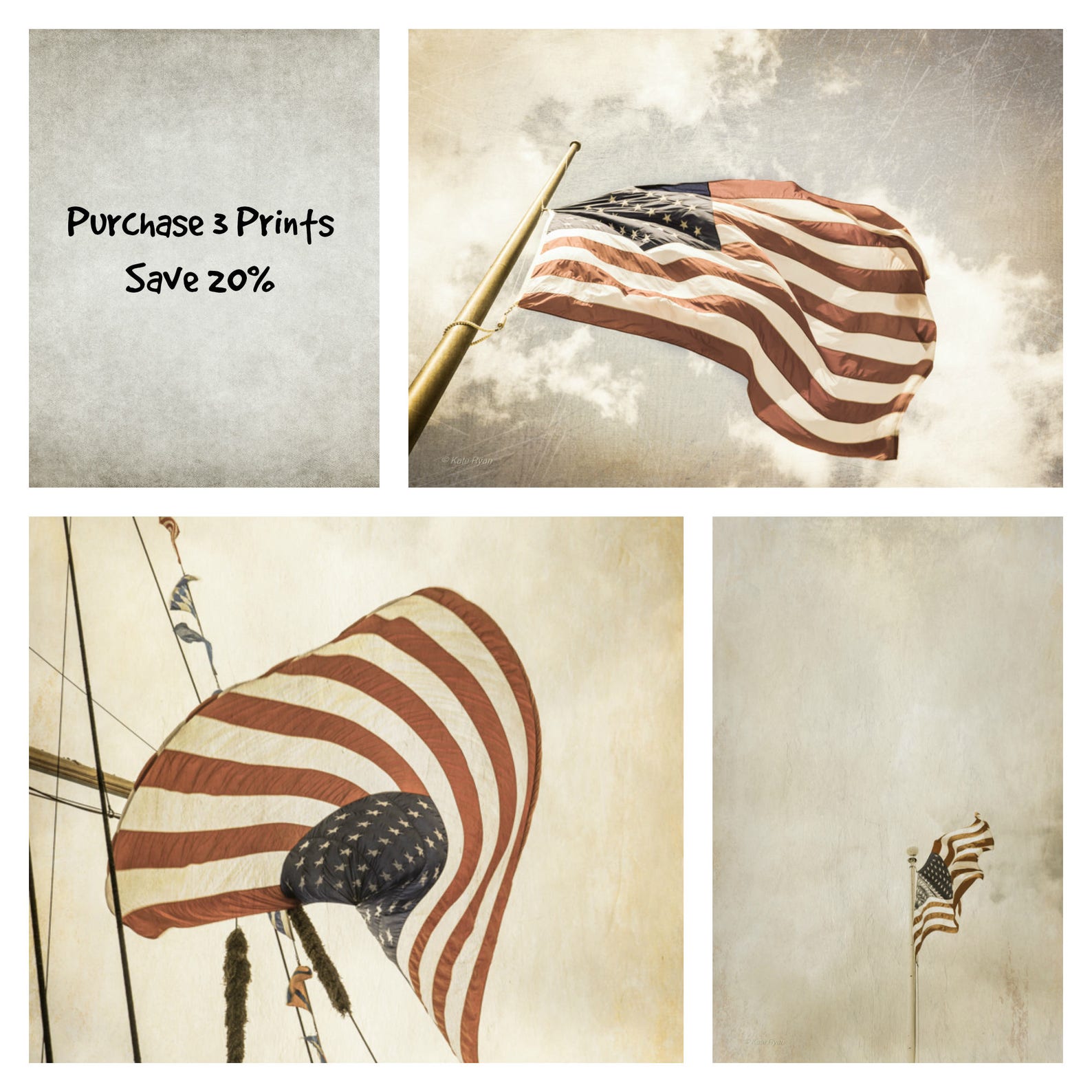 Patriotic Decor, American Flag Prints, 3 Art Prints Set, Kitchen Wall ...