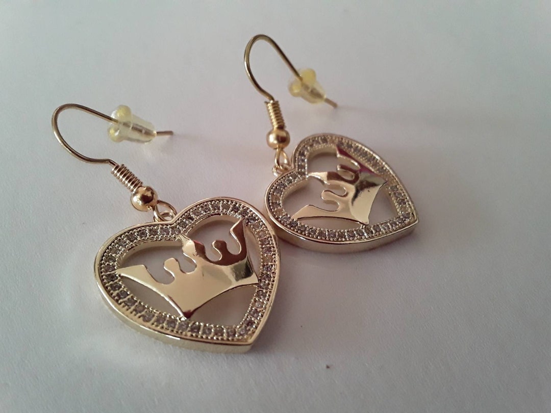 Heart Shaped With Faux Diamond Crown Earrings, Gold Plated - Etsy