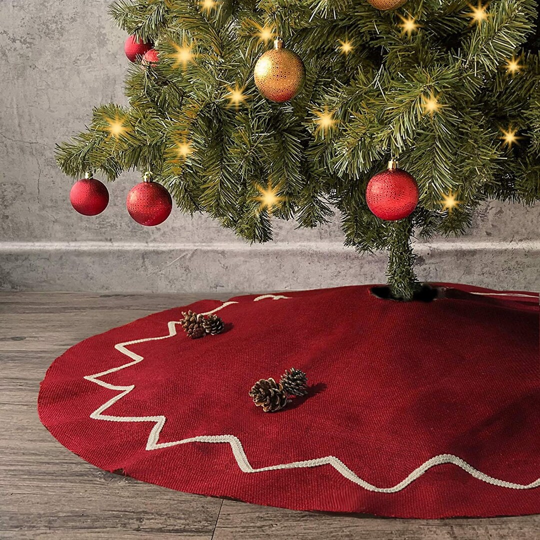 Custom Embroidered Christmas Tree Skirt 60 Inch Burgundy Red and Lace ...