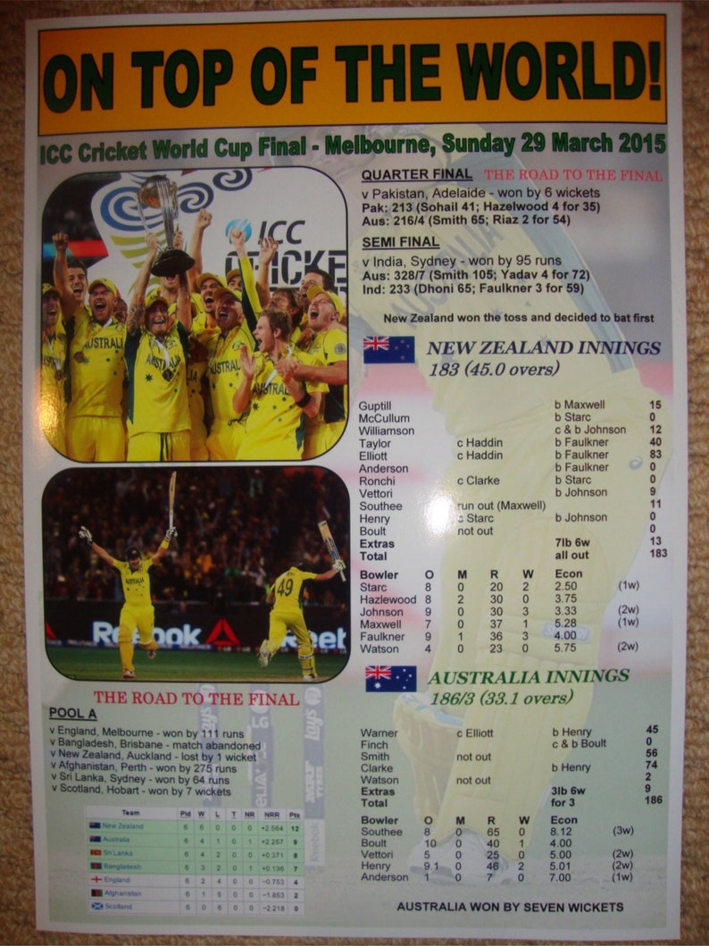Australia 2015 ICC Cricket World Cup Winners Souvenir Print - Etsy