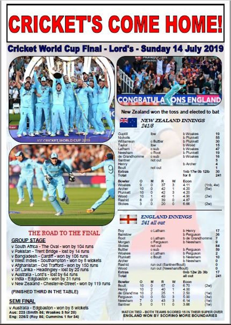 England 2019 ICC Cricket World Cup Winners Souvenir Print - Etsy