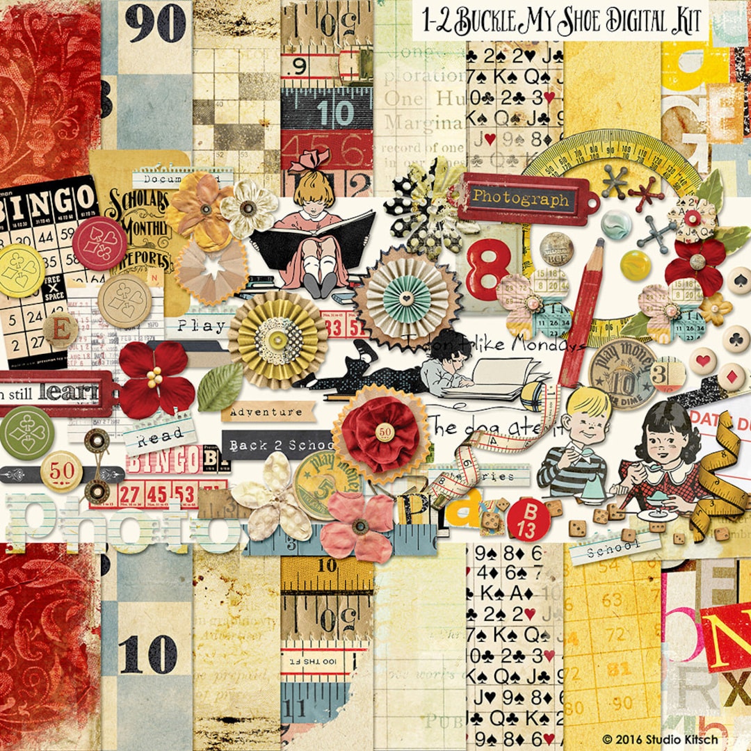 Retro School Digital Scrapbooking Kit, PU, S4H, Vintage School Children ...