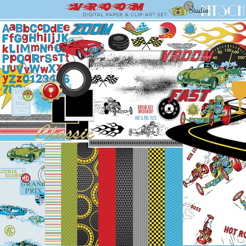 Race Car Clip-art & Digital Papers Brushes Scrapbooking - Etsy