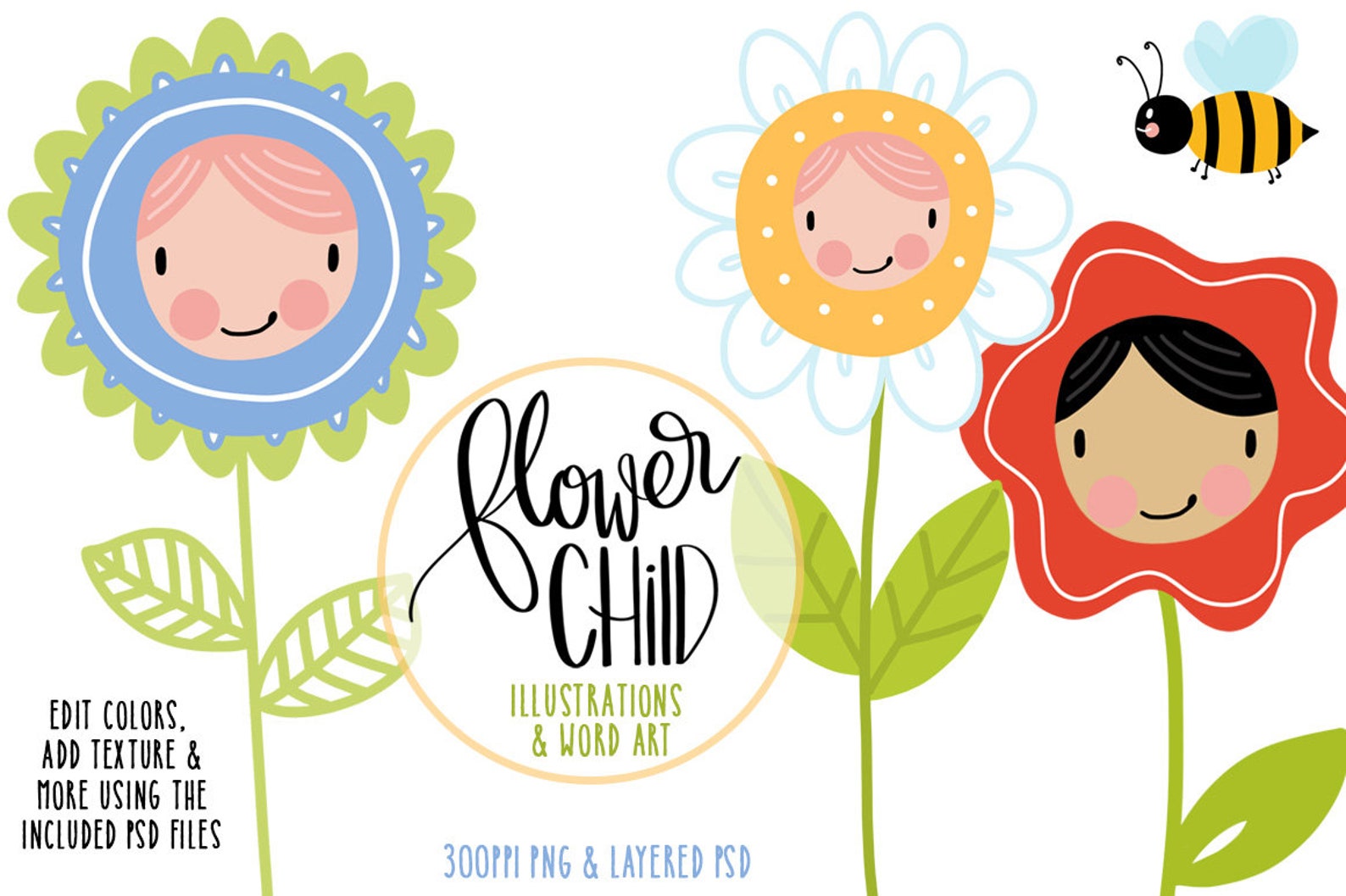 Cute Flower Friends Illustrations Hand-Lettering PNG psd | Etsy
