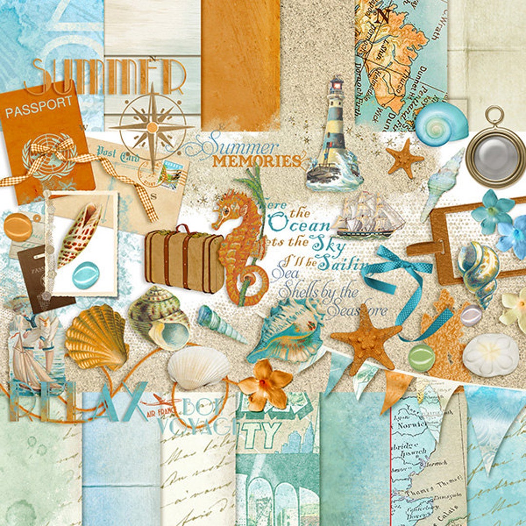 Vintage Summer Digital Scrapbooking Kit Holiday, Vacation, Passport ...