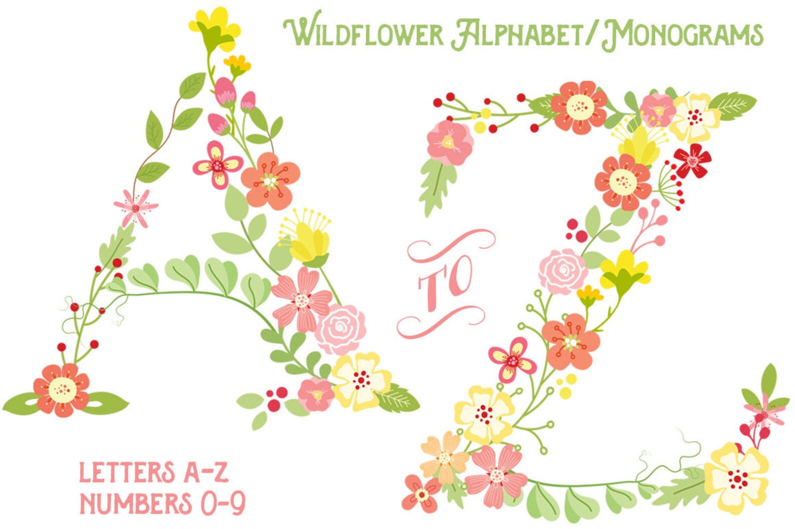 WILDFLOWERS Alphabet, Monograms, Card-making, Clip-art Flowers, Digital ...
