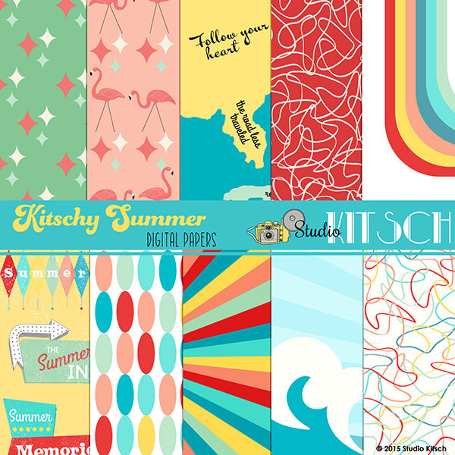 Retro Summer Clip-art & Digital Paper Set | 1950s Kitschy Graphics ...