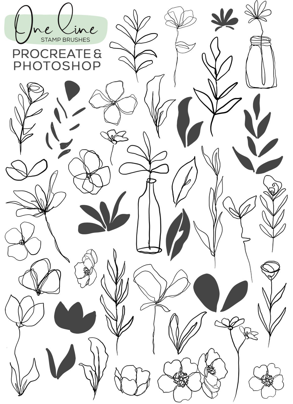 One Line Stamp Brushes for Procreate & Photoshop Png's | Etsy