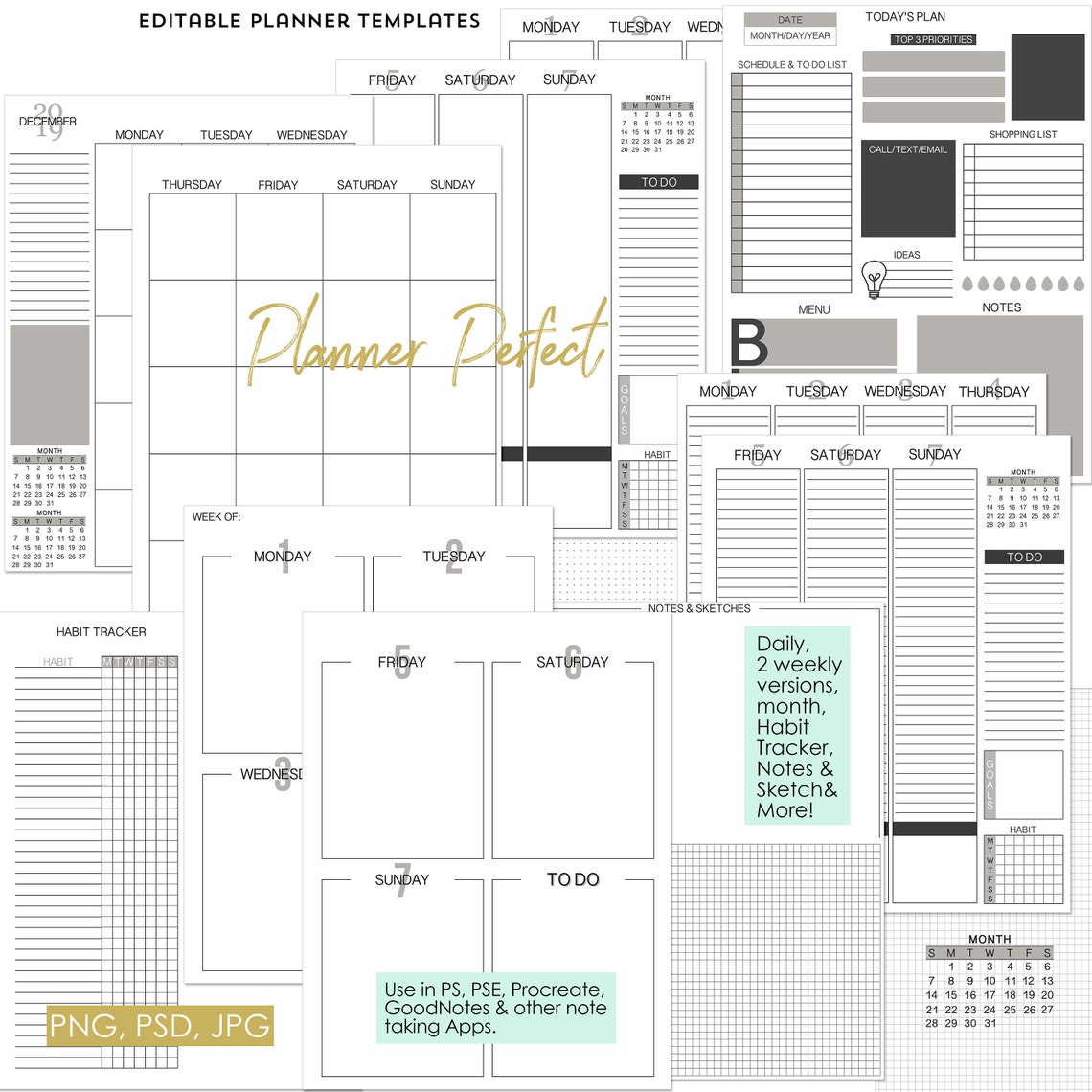 Planner Pages Editable Templates Printable 8.5x11 Calendar - Etsy