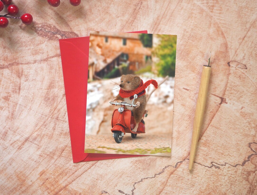 Shrew on Vespa Art Card: Woodland Animal Print With Red Envelope - Etsy