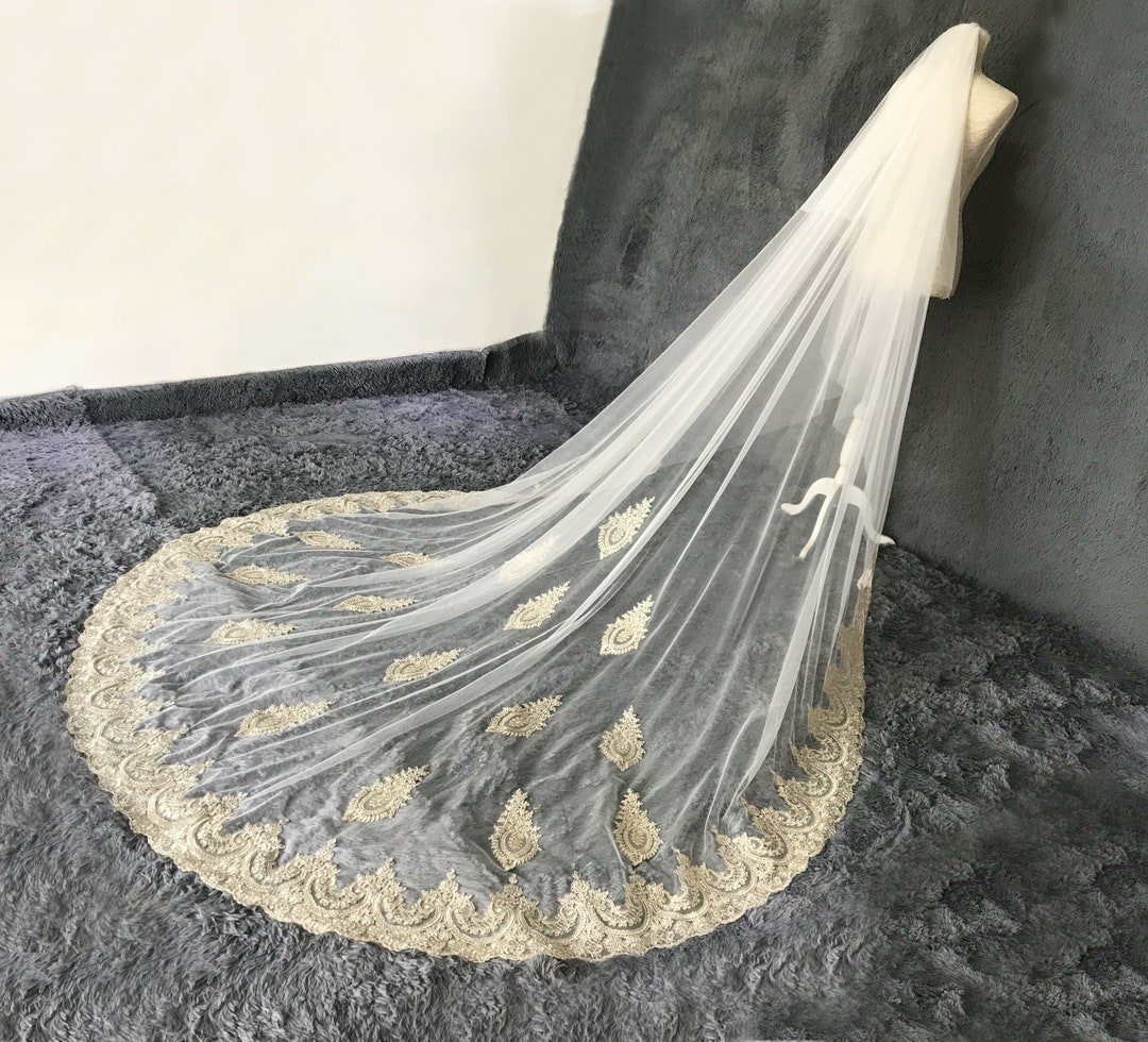 Gold Lace Wedding Veil,bridal Veil,ivory Veil,2tier Blusher Veil,bridal ...