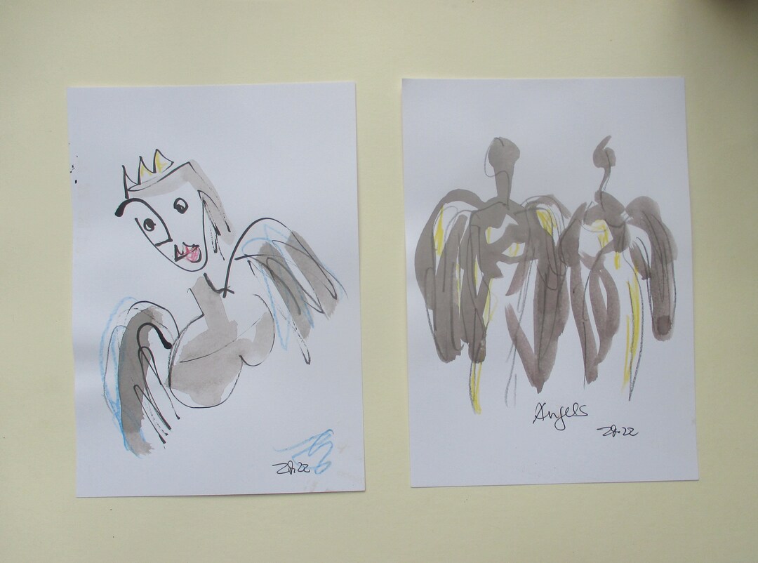 Modern Angels 2 Original Drawing Ink Gouache Expressive Aquarell Brown ...