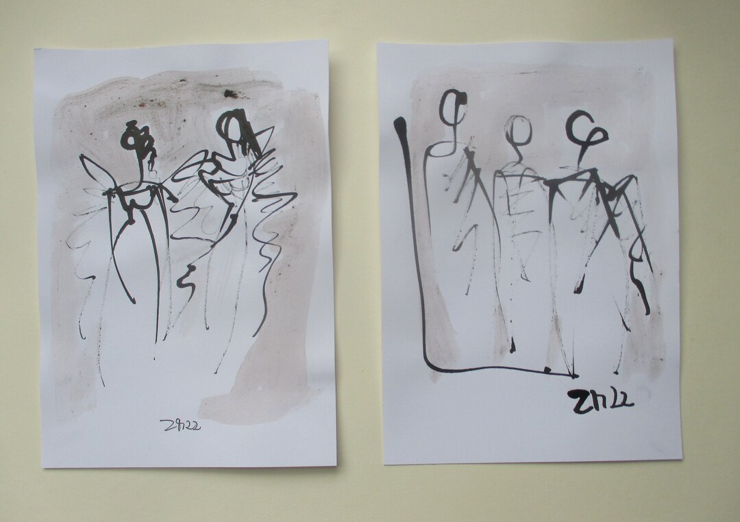 Modern Angels 2 Original Drawing Ink Gouache Expressive Aquarell Brown ...