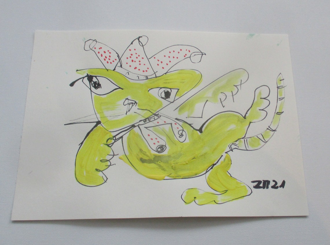 Expressive Clown Cat Original Drawing With Colored Ink and Bambu-stick ...