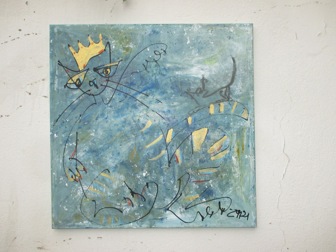 Blue Grumpy Cats King Original Drawing Collage Stretched - Etsy