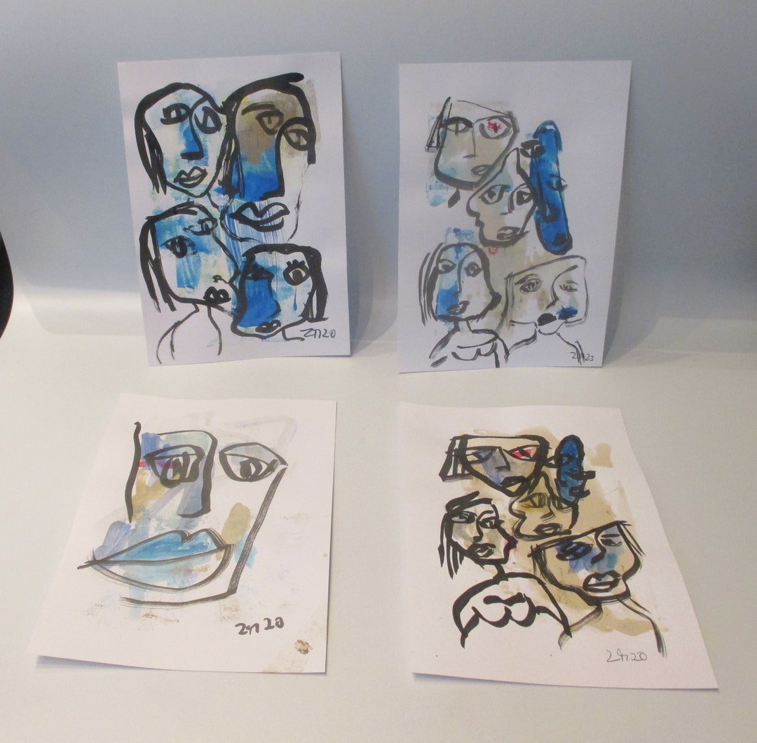 Faces - Original Drawing 2 Artworks- Ink Gouache Aquarell 4 X 8,2x5,5 ...
