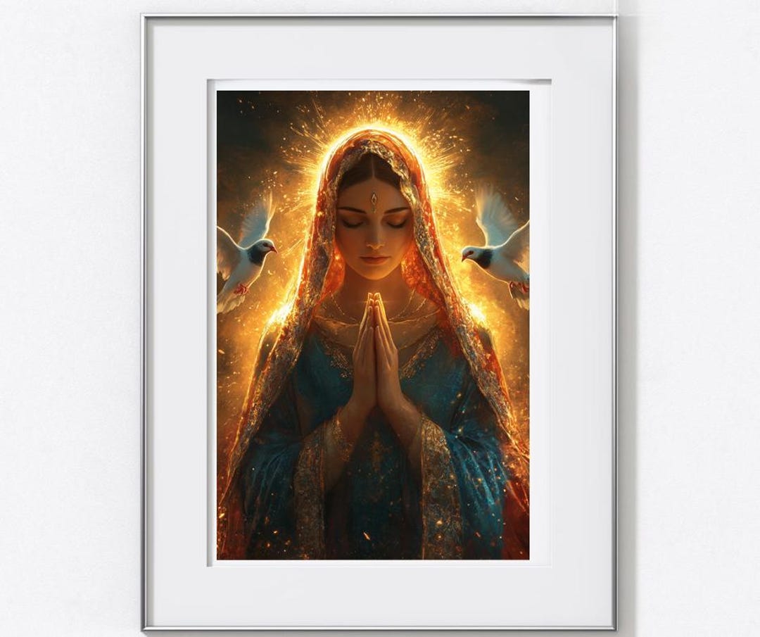 Virgin Mary With Doves Wall Art - Warm Spiritual Scene, Praying Hands ...