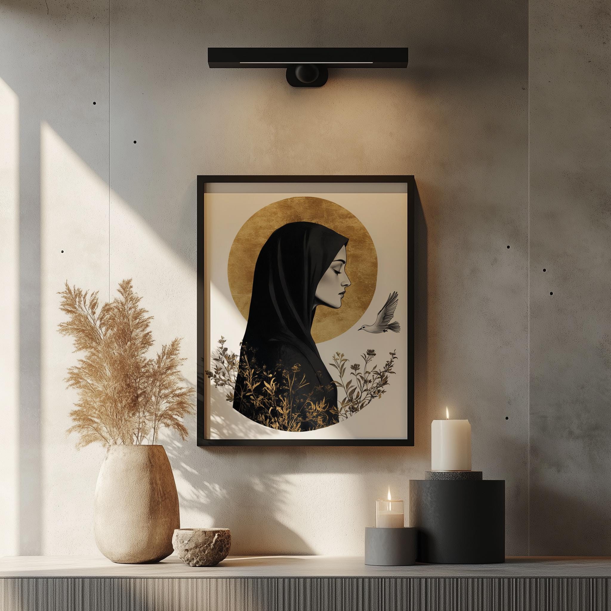 Printable Virgin Mary Profile Art - Gold Foil Halo, Elegant Dove in ...