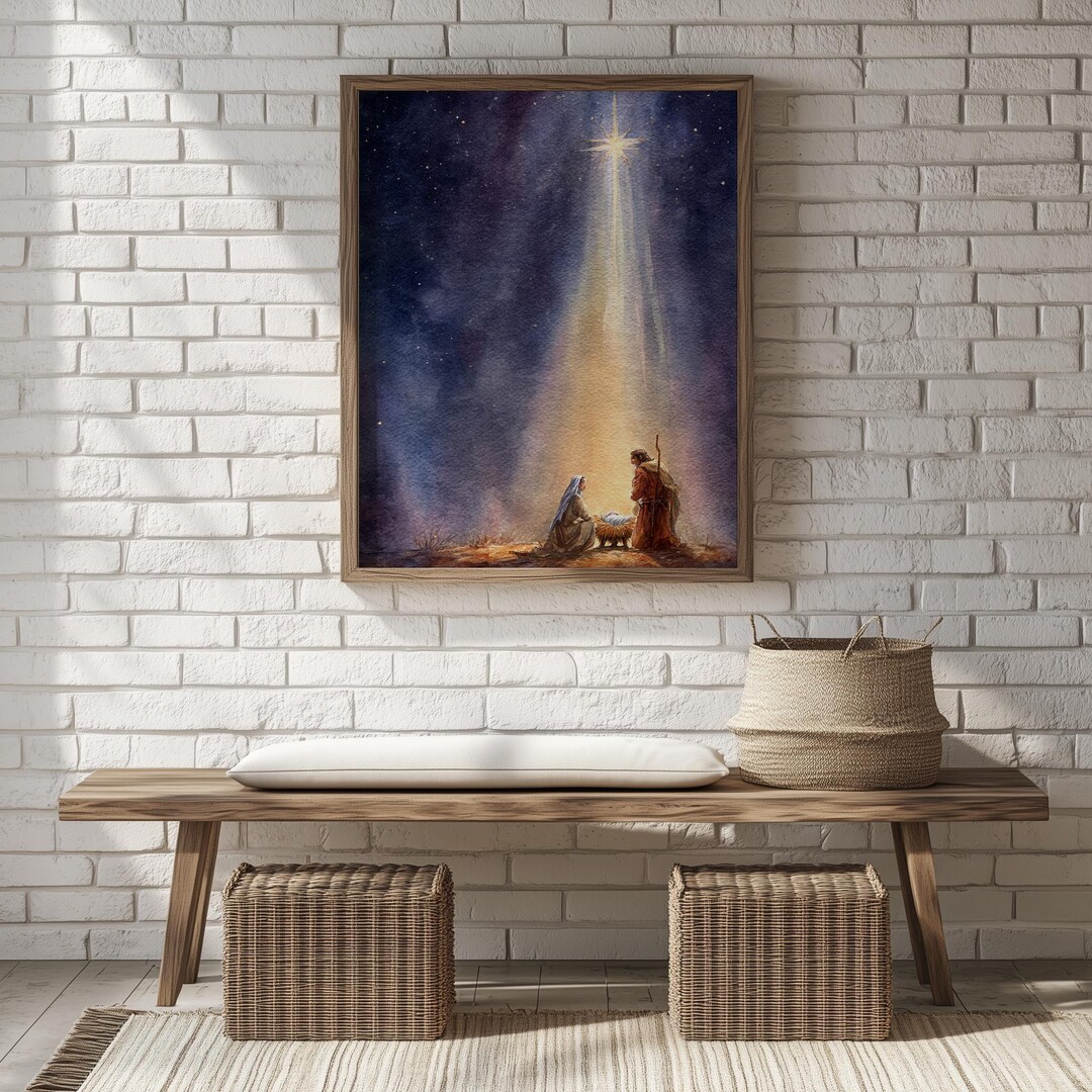 Ethereal Nativity Watercolor Art - Vintage Christmas Scene, Glowing ...