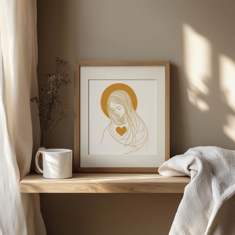 Minimalist Virgin Mary Line Art - Gold Foil Effect, Sacred Heart ...