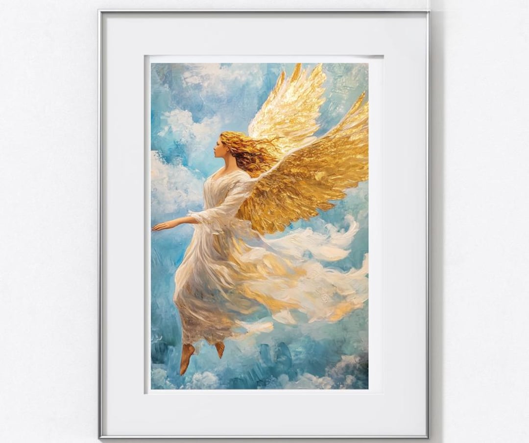 Angel in Flight With Flowing Robes - Etheric Blue Sky Oil Painting ...
