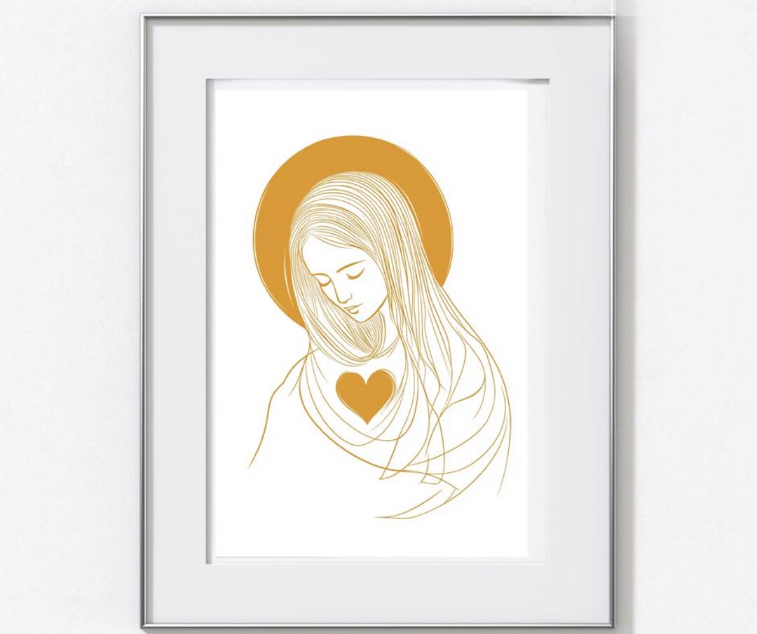 Minimalist Virgin Mary Line Art - Gold Foil Effect, Sacred Heart ...
