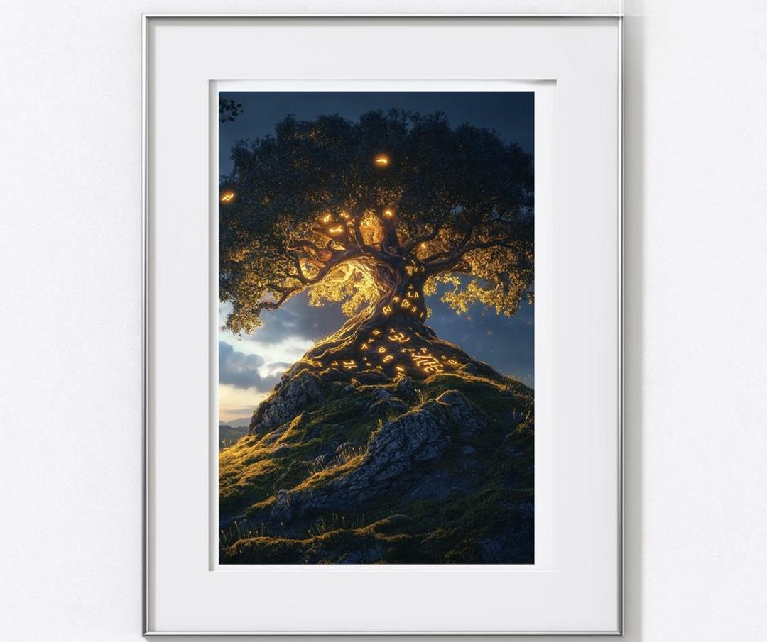 Ancient Tree With Glowing Runes - Printable Fantasy Night Landscape Art ...