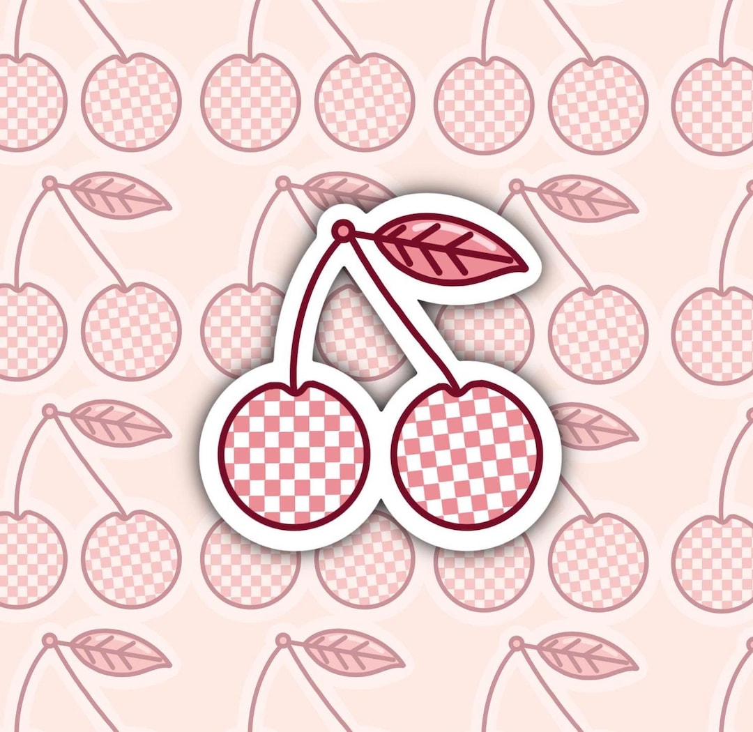 Checkered Cherry Sticker | Retro Pink and White Patterned Cherry Design ...