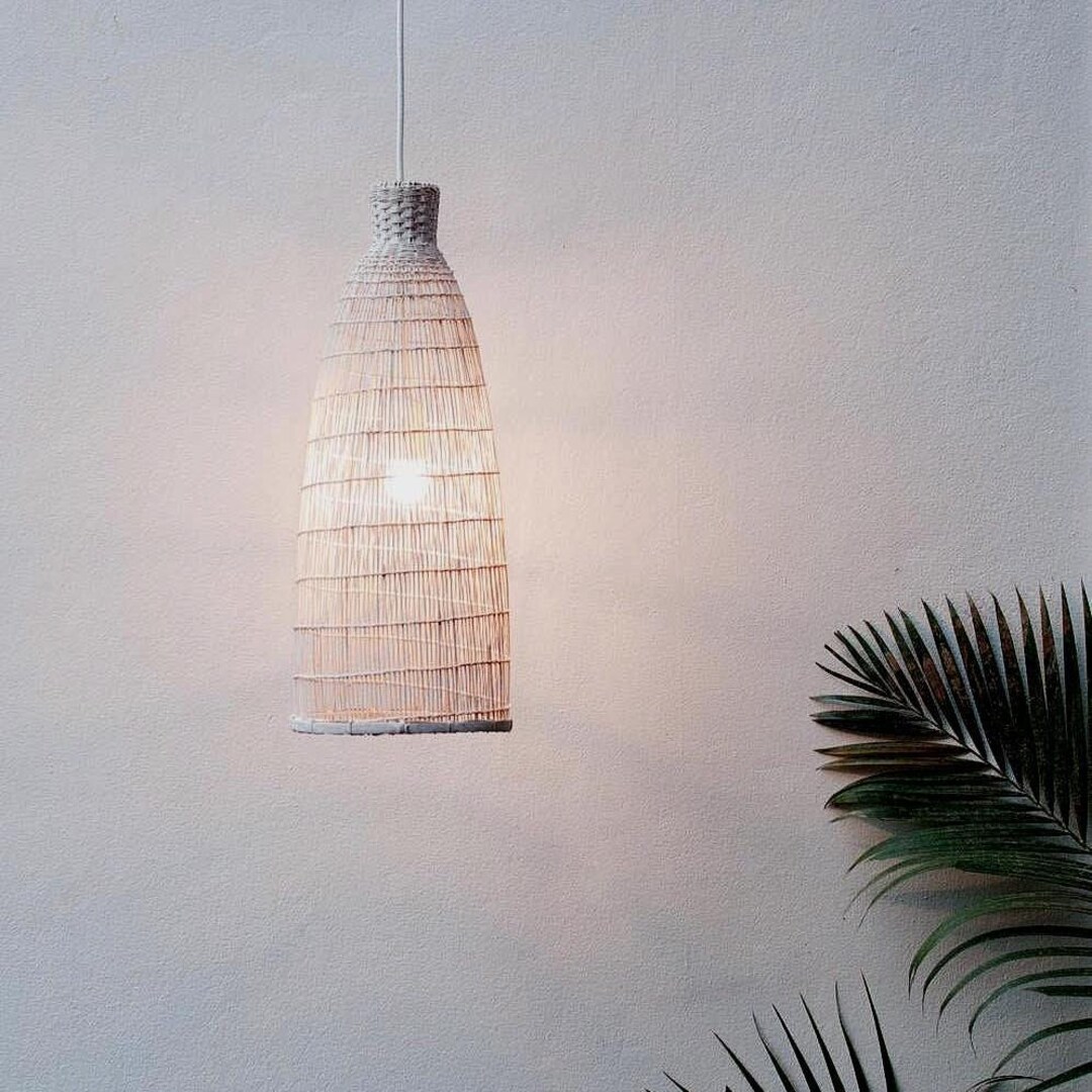 White Wash Bamboo Pendant Light, Fish Trap Lamp, Boho Japandi Lighting ...