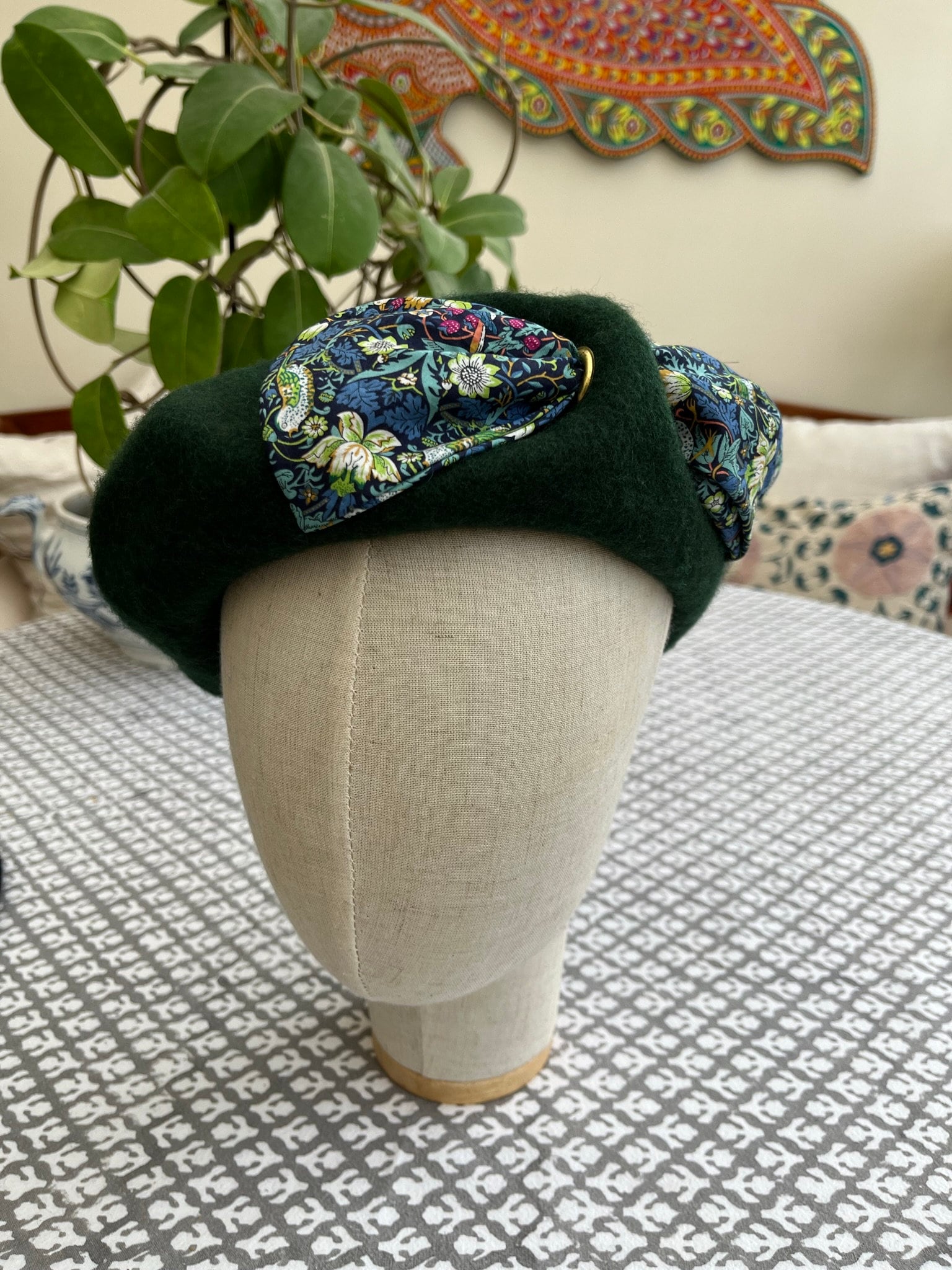 A Bottle Green Wool Beret, With a Liberty Print Fabric Bow - Etsy