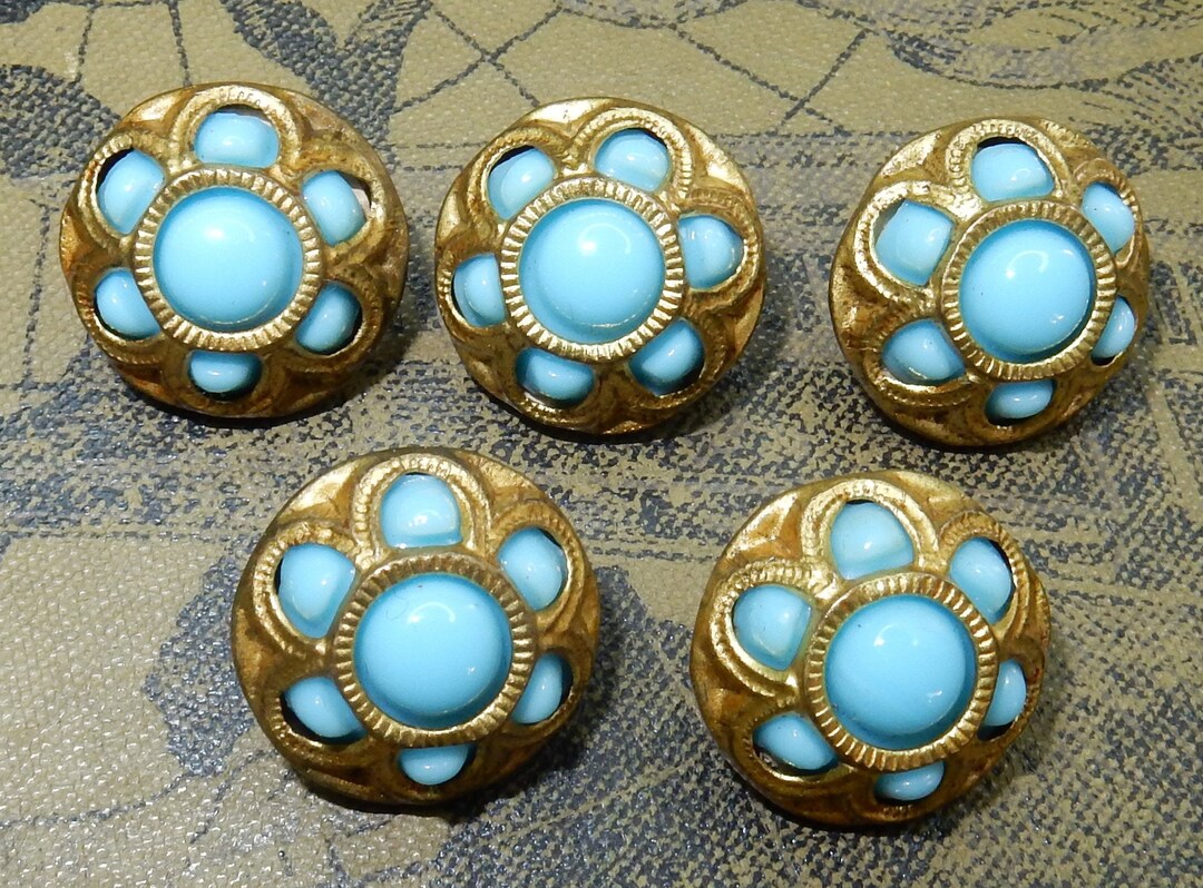 Antique Glass Brass Blue Buttons - Etsy