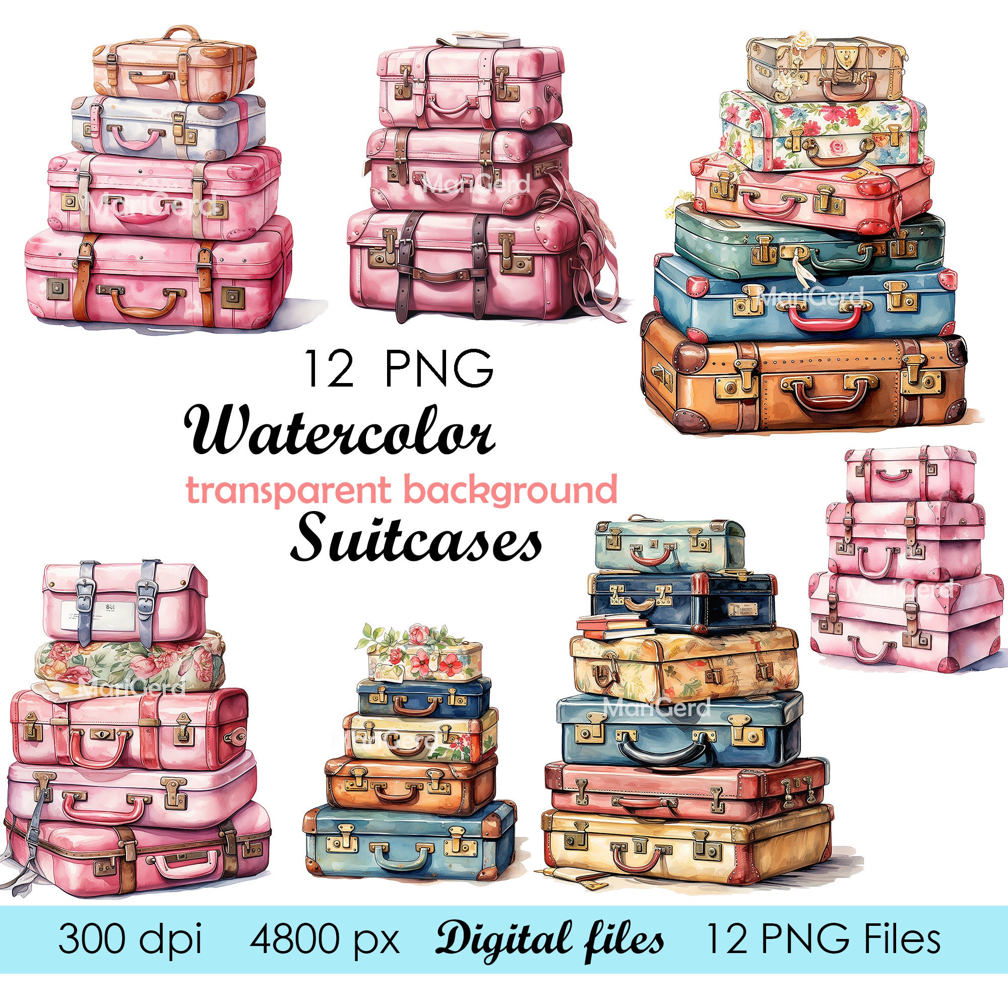 12 Watercolor Suitcase Clipart Travel Suitcase Vacation Clipart ...