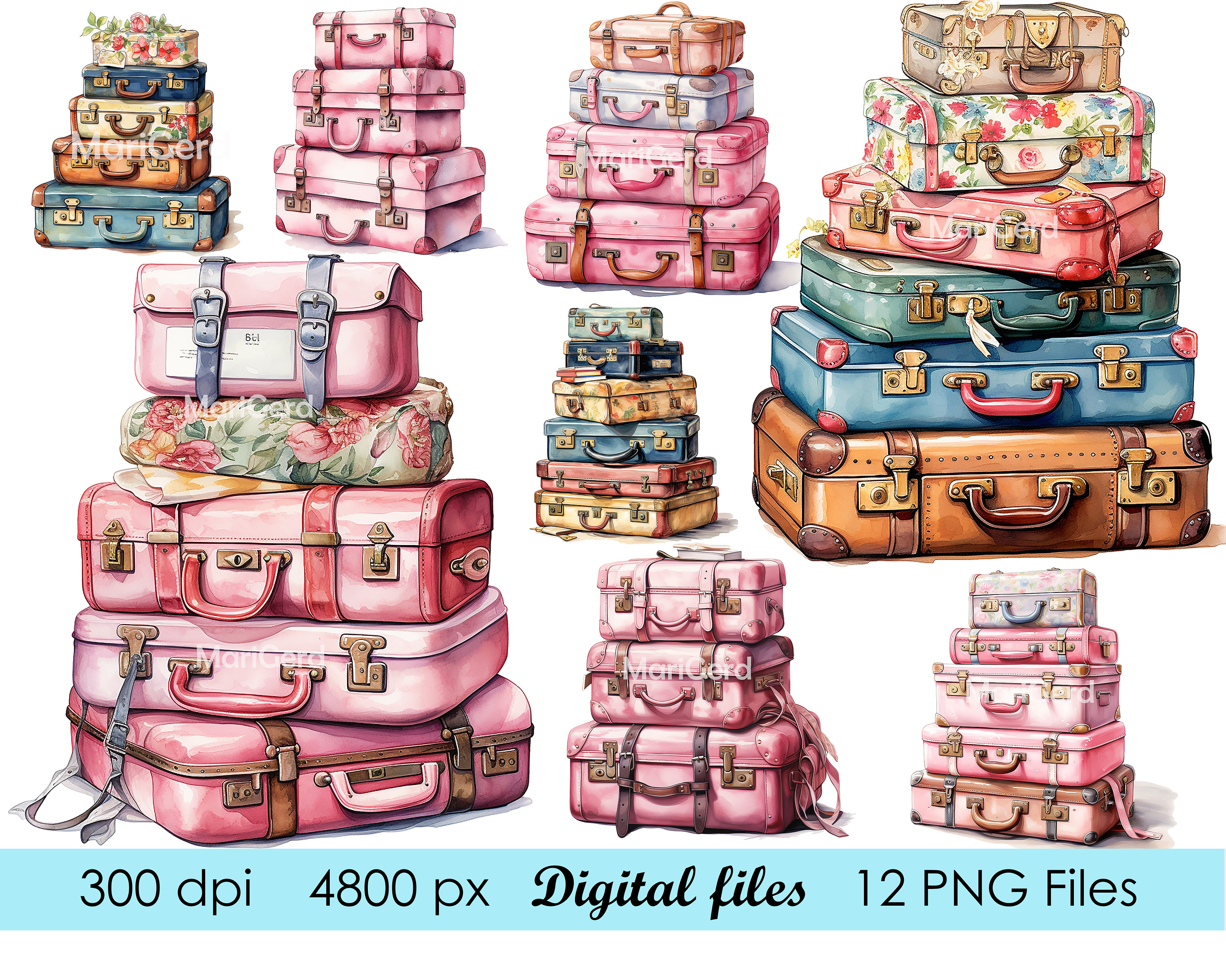 12 Watercolor Suitcase Clipart Travel Suitcase Vacation Clipart ...