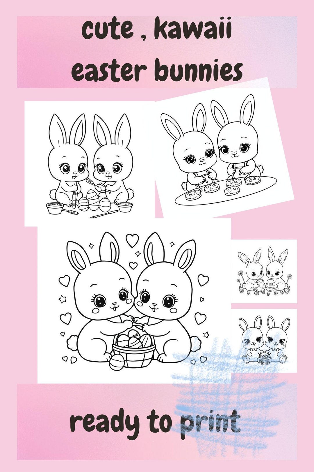 Kawaii Cute Easter Bunny Coloring Pages for Kids, Easter Bunny Coloring ...