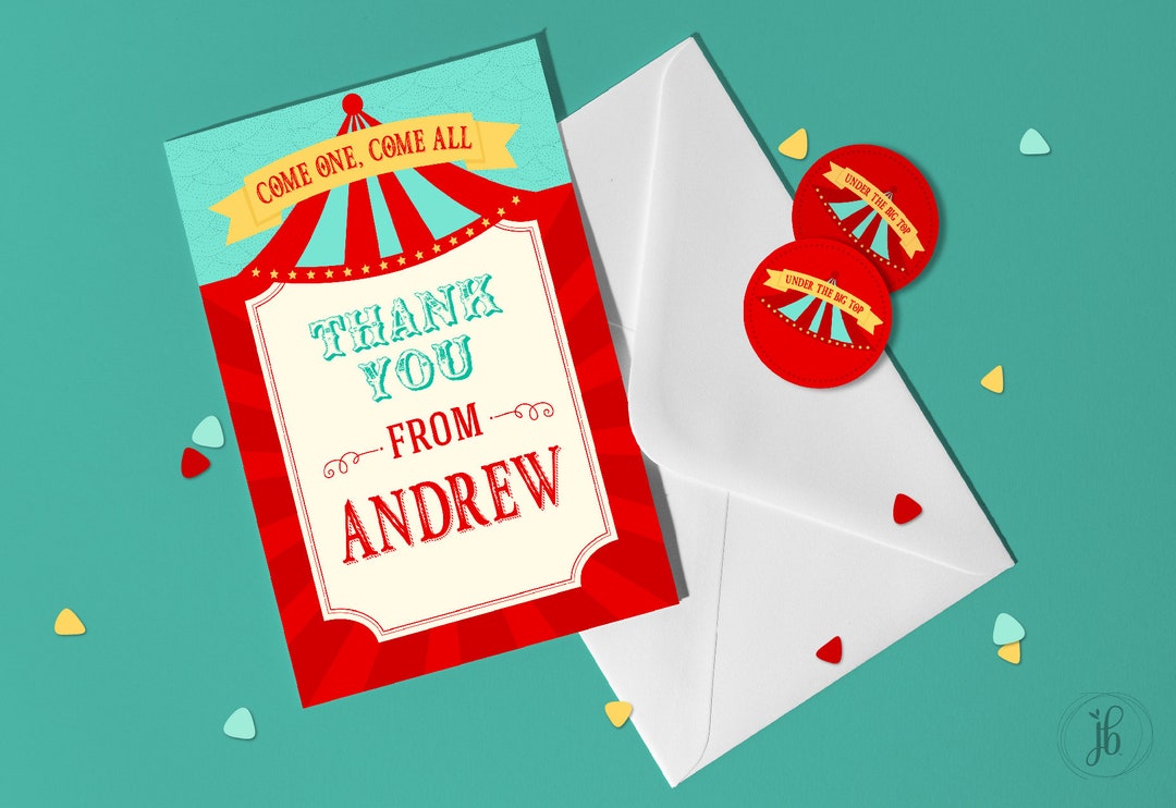 Circus Theme Note Card | Personalized Birthday Thank You Cards for Kids ...