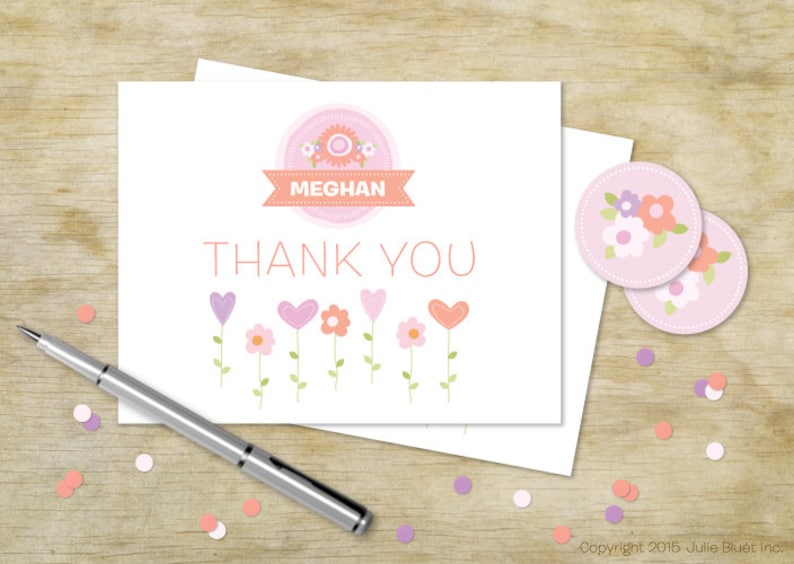 Personalized Thank You Card Pink Flower Garden Birthday | Etsy