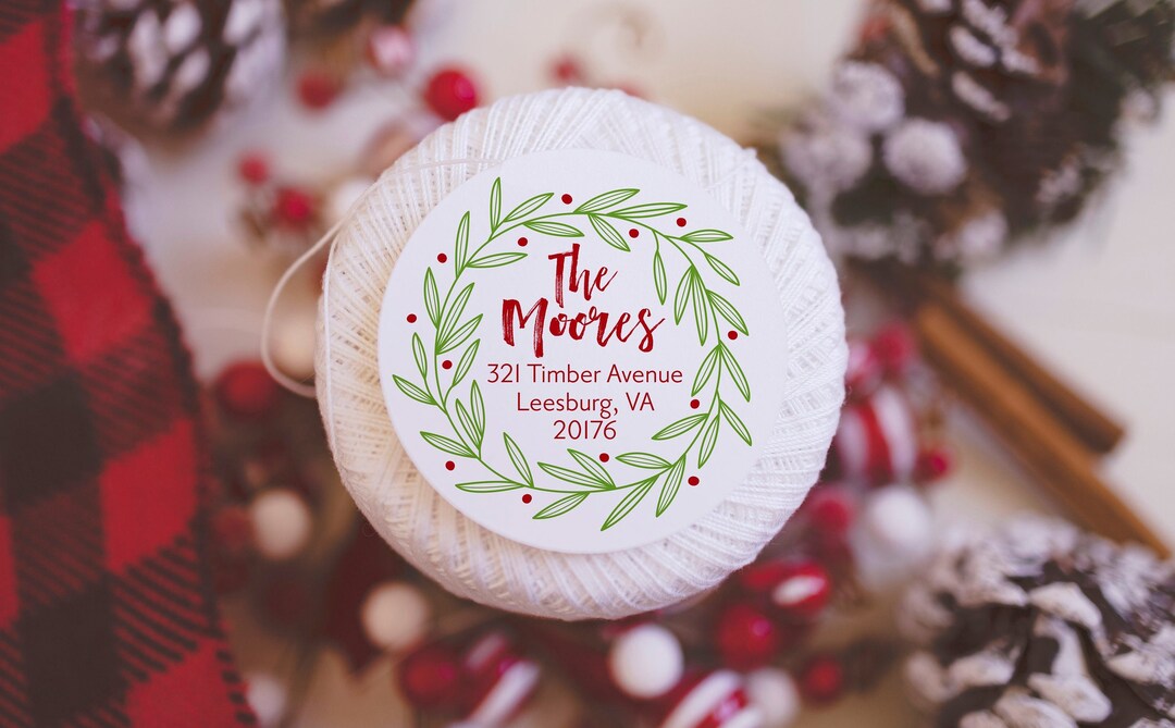 Round Personalized Christmas Return Address Stickers | Green Leaves and ...