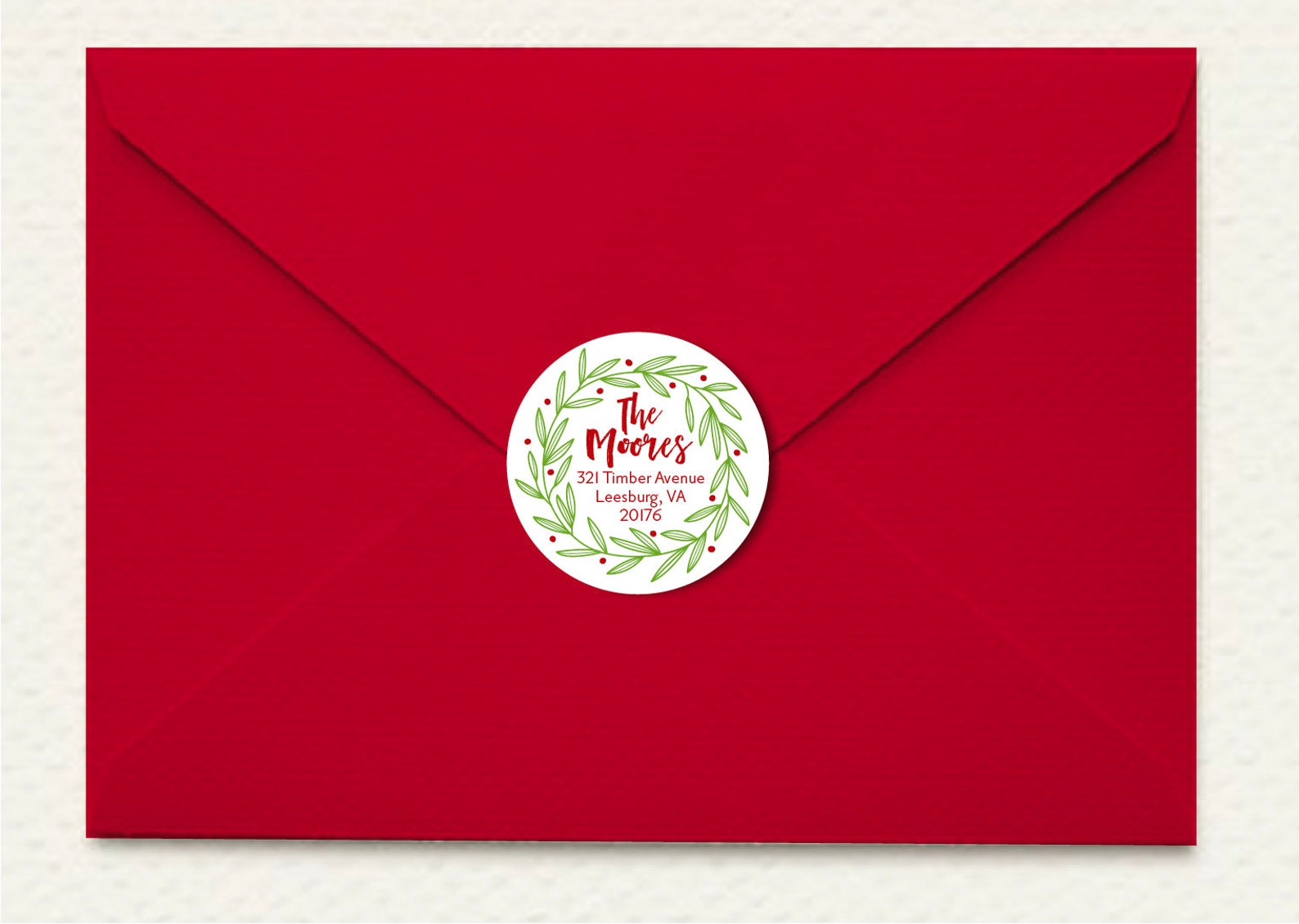 Round Personalized Christmas Return Address Stickers | Green Leaves and ...