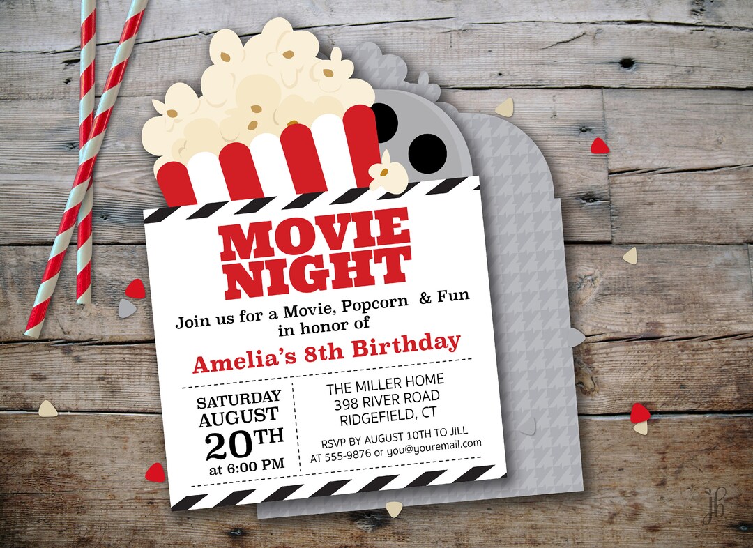 Custom Die Cut Movie Night Birthday Invitation, Personalized Kids ...