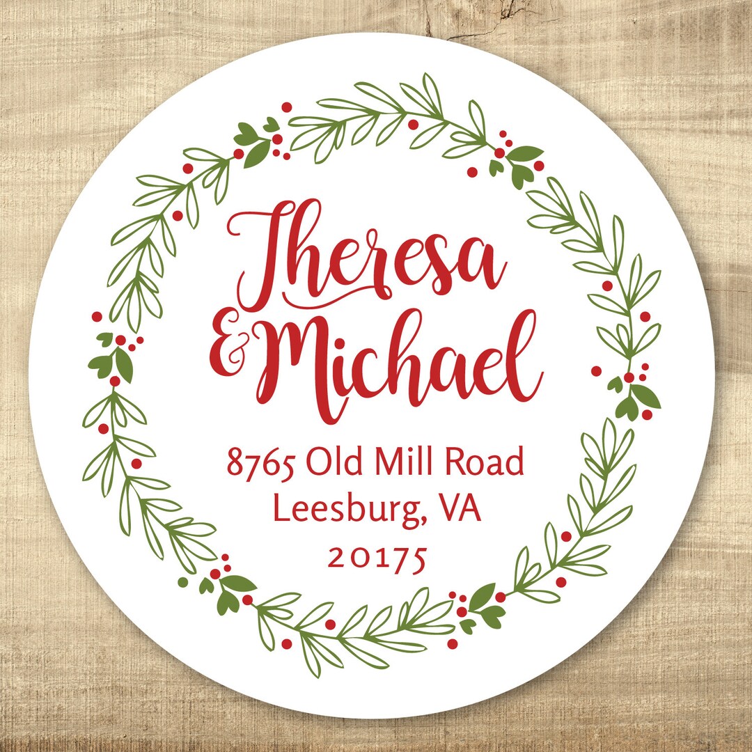 Round Christmas Return Address Stickers Red Green Laurel Return Address ...