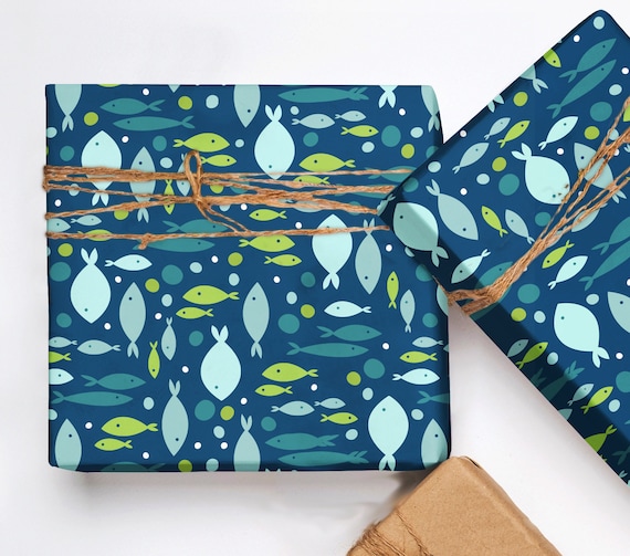 Navy Blue Fish Nautical Gift Wrap | Etsy