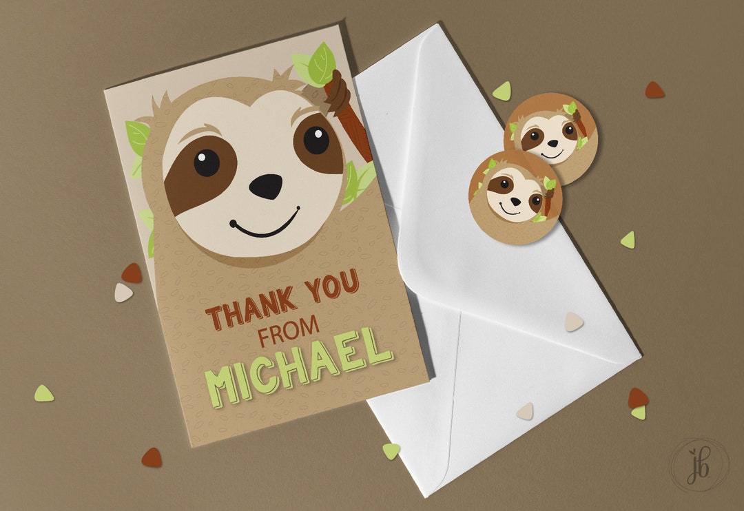 Sloth Theme Note Card | Personalized Birthday Thank You Cards for Kids ...